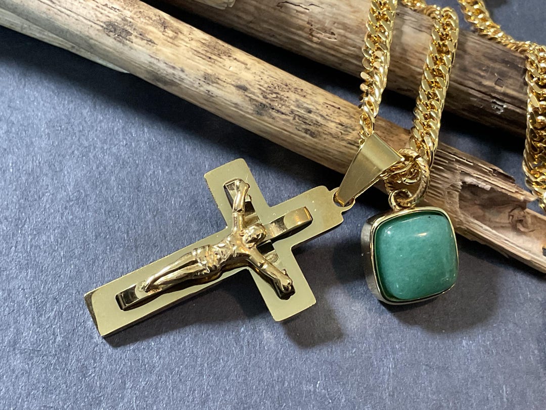 18k Gold Filled Jade Crucifix Pendant Necklace: Miami Cuban Chain - Etsy