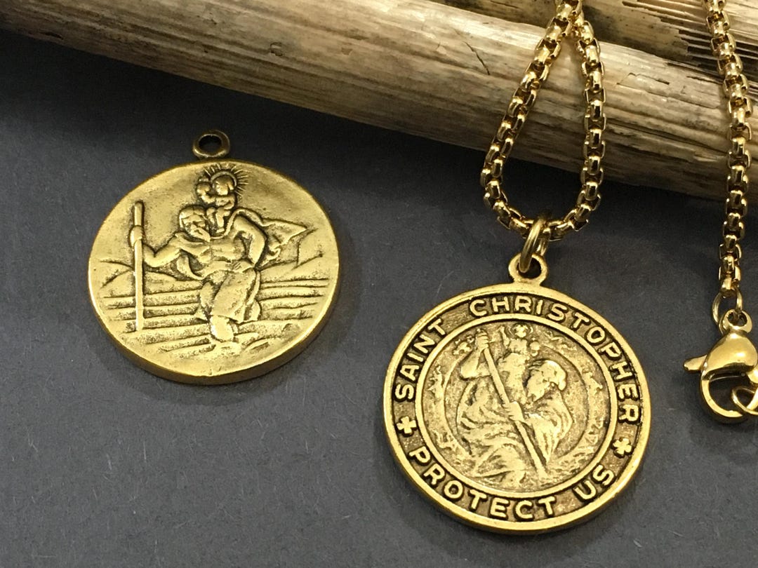 Mens St Christoper Double Sided Gold Pendant Medal Religious Catholic ...