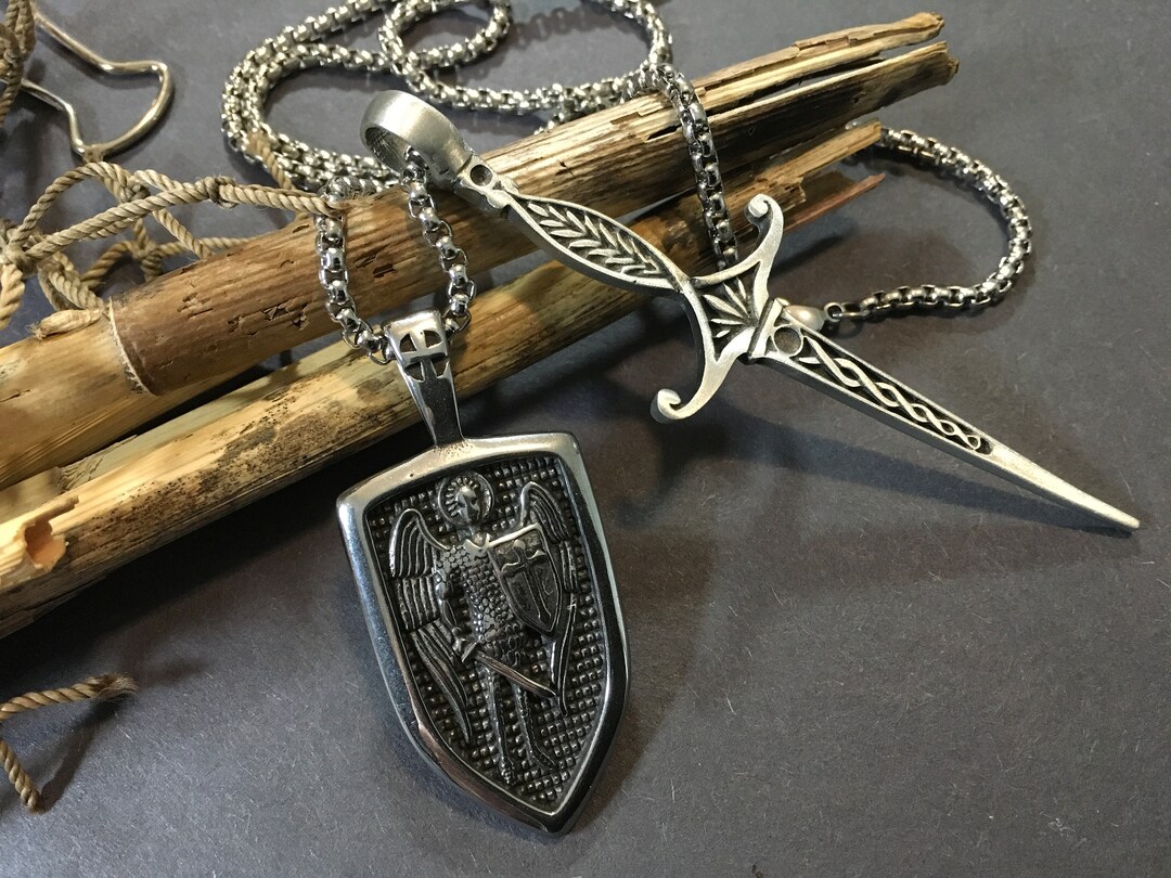 Mens St Michael Shield Double Sided Thick Large Pendant and a Replica ...