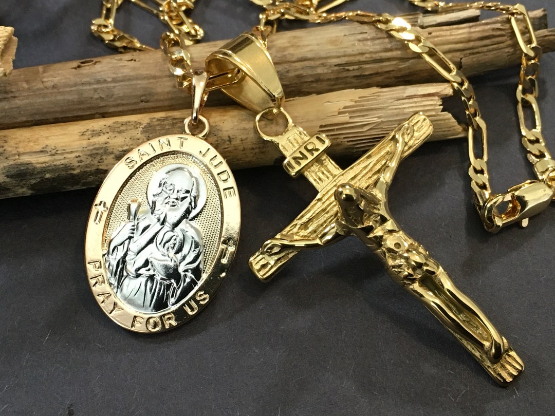 Gold St Jude Medal Gold Cross Crucifix Pendant Necklace St Jude Patron ...