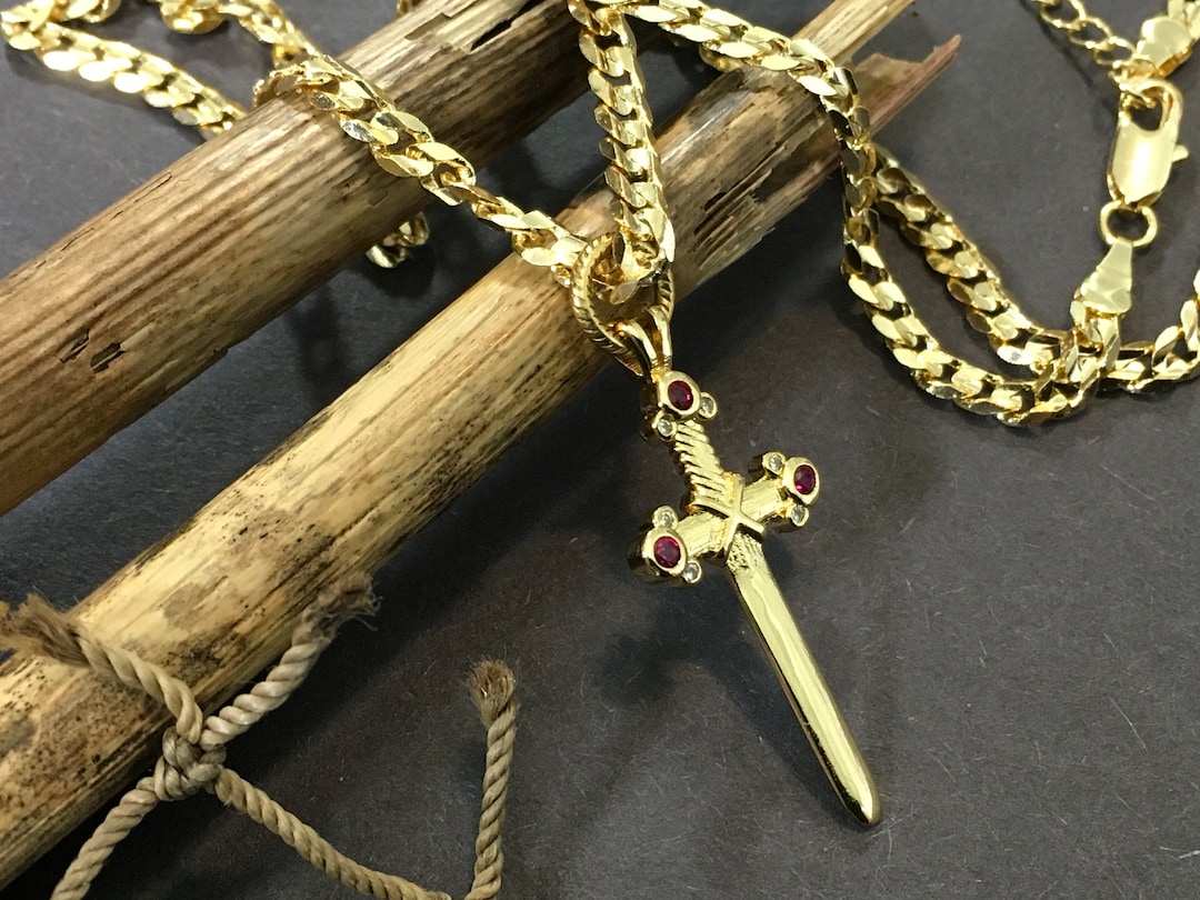 Ladies 18k Gold Sword 16k Gold Necklace Joan of Arc Female Warrior St ...