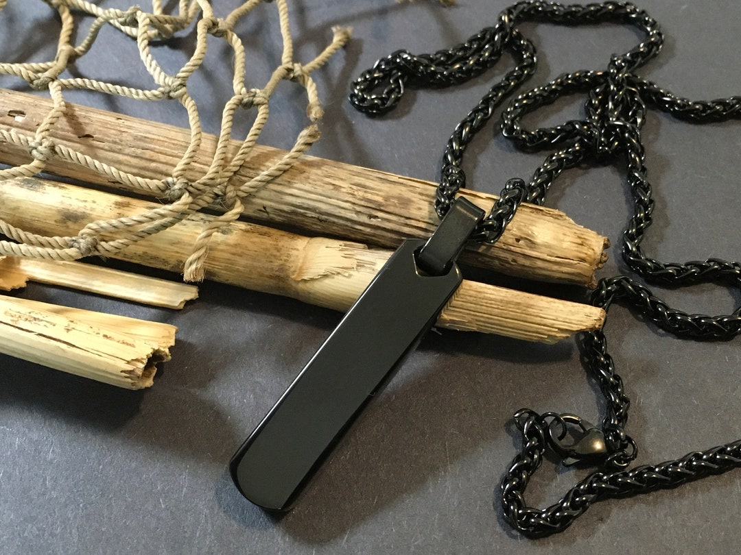 Thick Long Solid Black Bar Pendant on a Black Stainless Steel Wheat ...