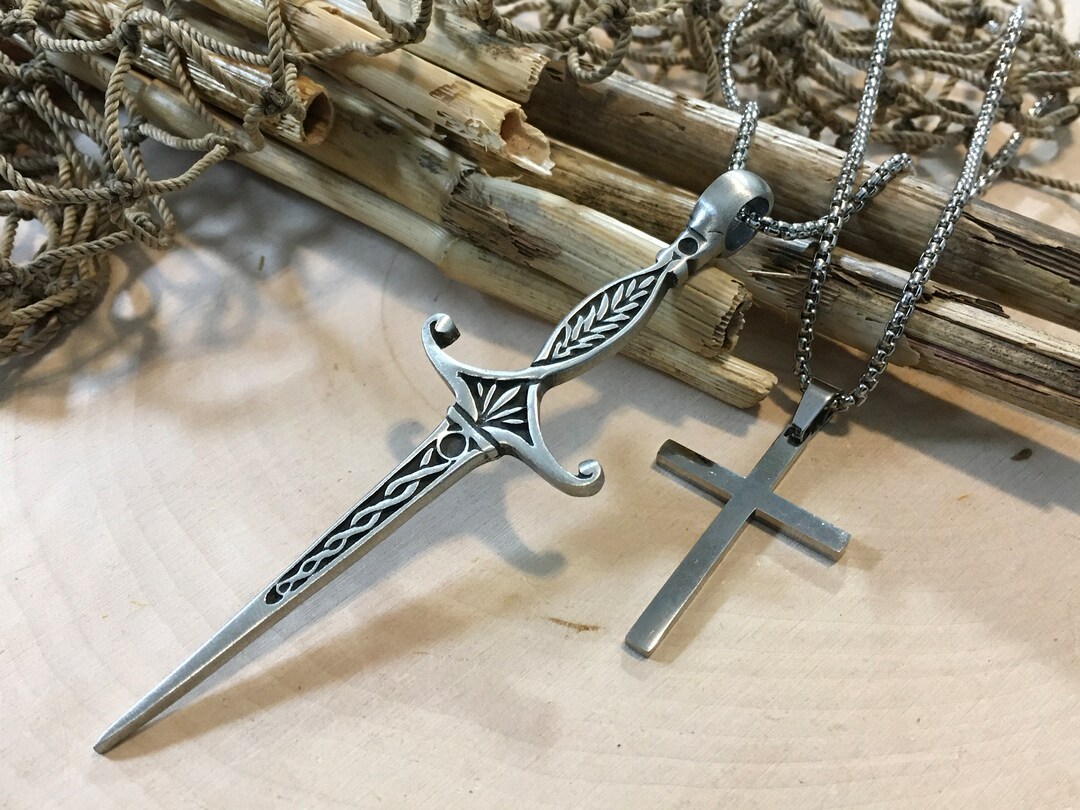 Long 3.5 Sword Cross Set Layered Pendants a 24 Stainless Steel Round ...
