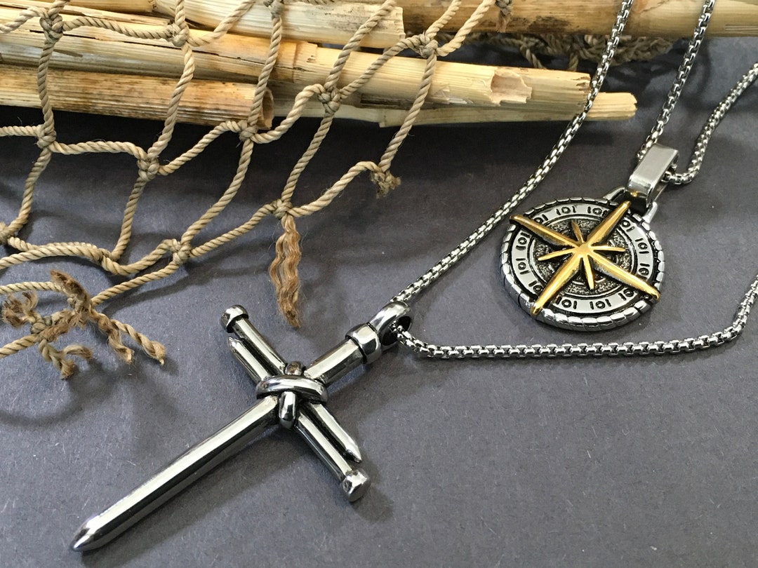 Men Set Nail Cross & Compass Layered Pendants 20” Stainless Steel ...