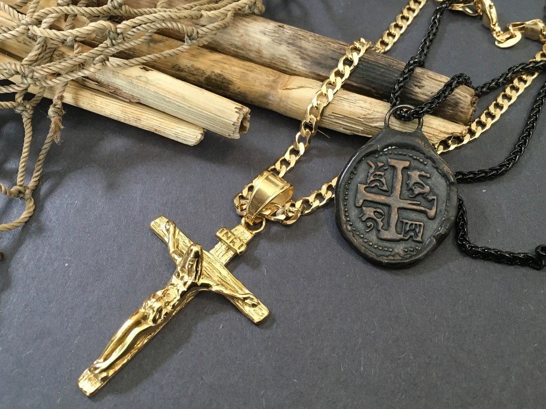 18k Gold Cross Crucifix Pirates Doubloon Pendant Necklaces Mens Set ...