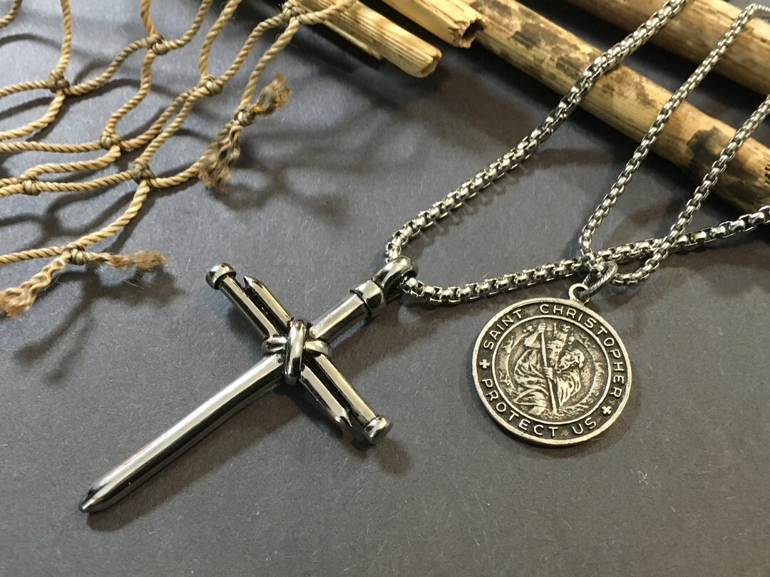 Saint Christopher Medal & Tied Cross Necklace Set - Antique Silver ...