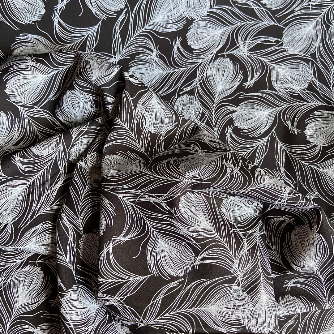 Feather Cotton Fabric - 100% Cotton Print - Ivory and Black Material ...