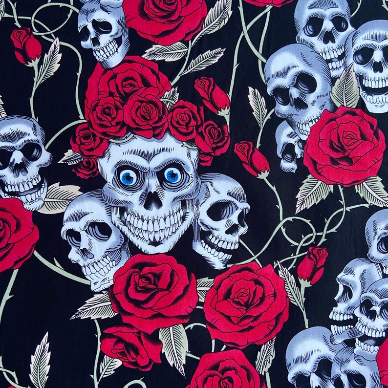 Skulls and Roses Fabric Black Bold Cotton Material Large - Etsy