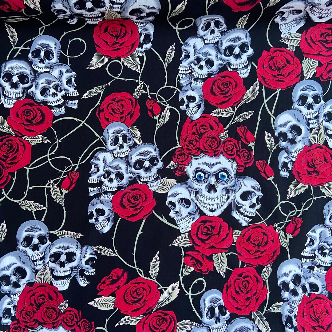Skulls and Roses Fabric Black Bold Cotton Material Large Pattern Craft ...