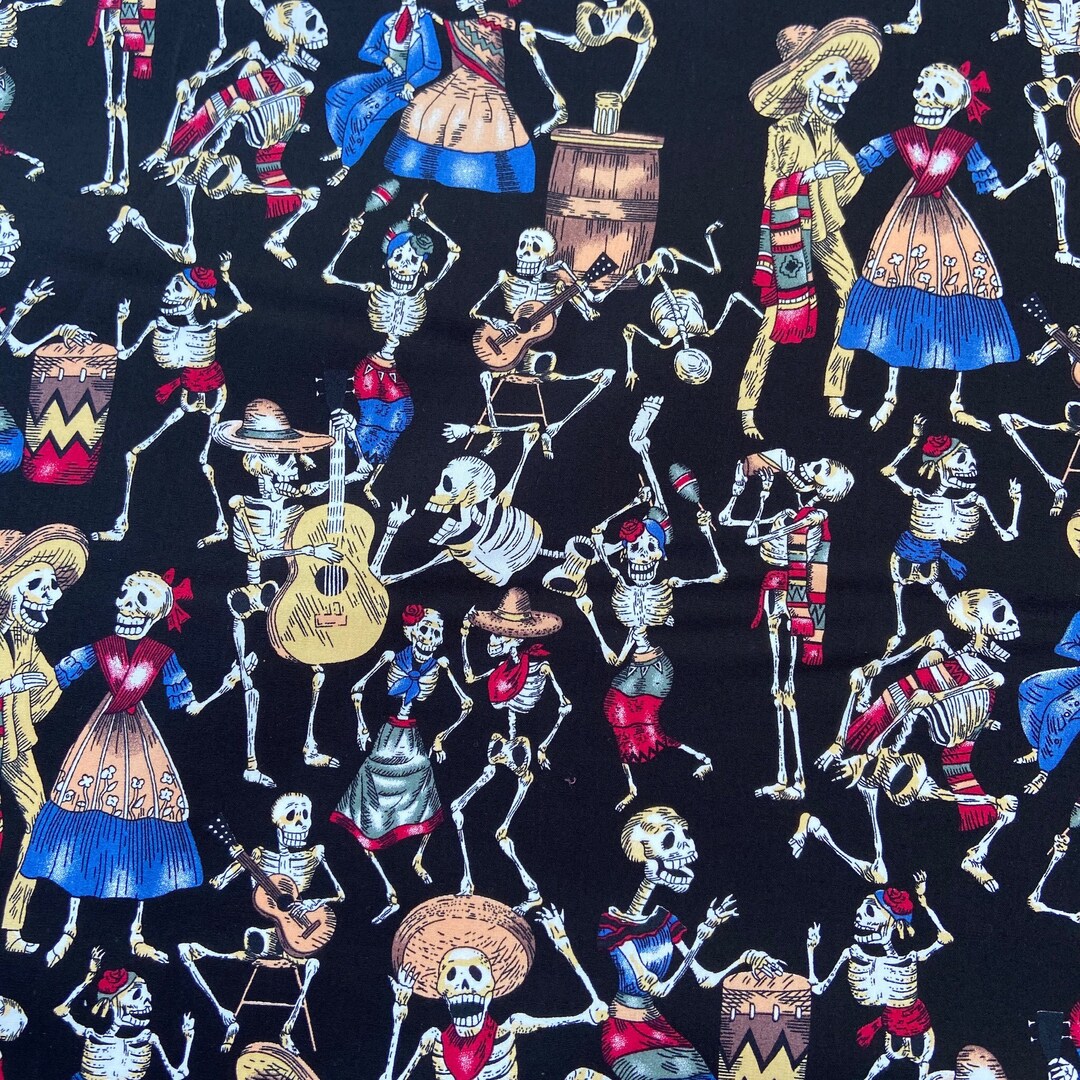 Dancing Skeletons Fabric - Black Bold Cotton Material - Day of the Dead ...