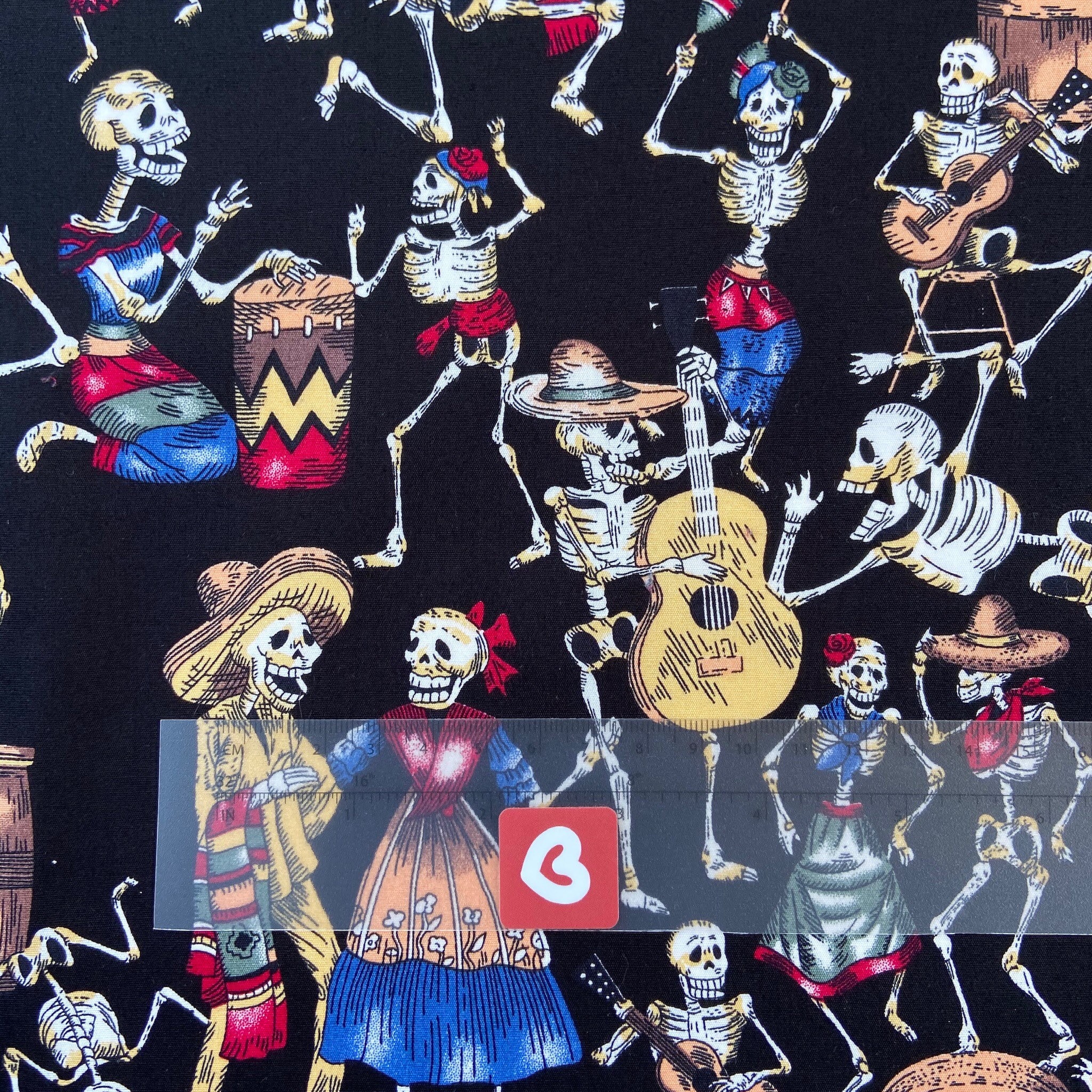 Dancing Skeletons Fabric - Black Bold Cotton Material - Day of the Dead ...