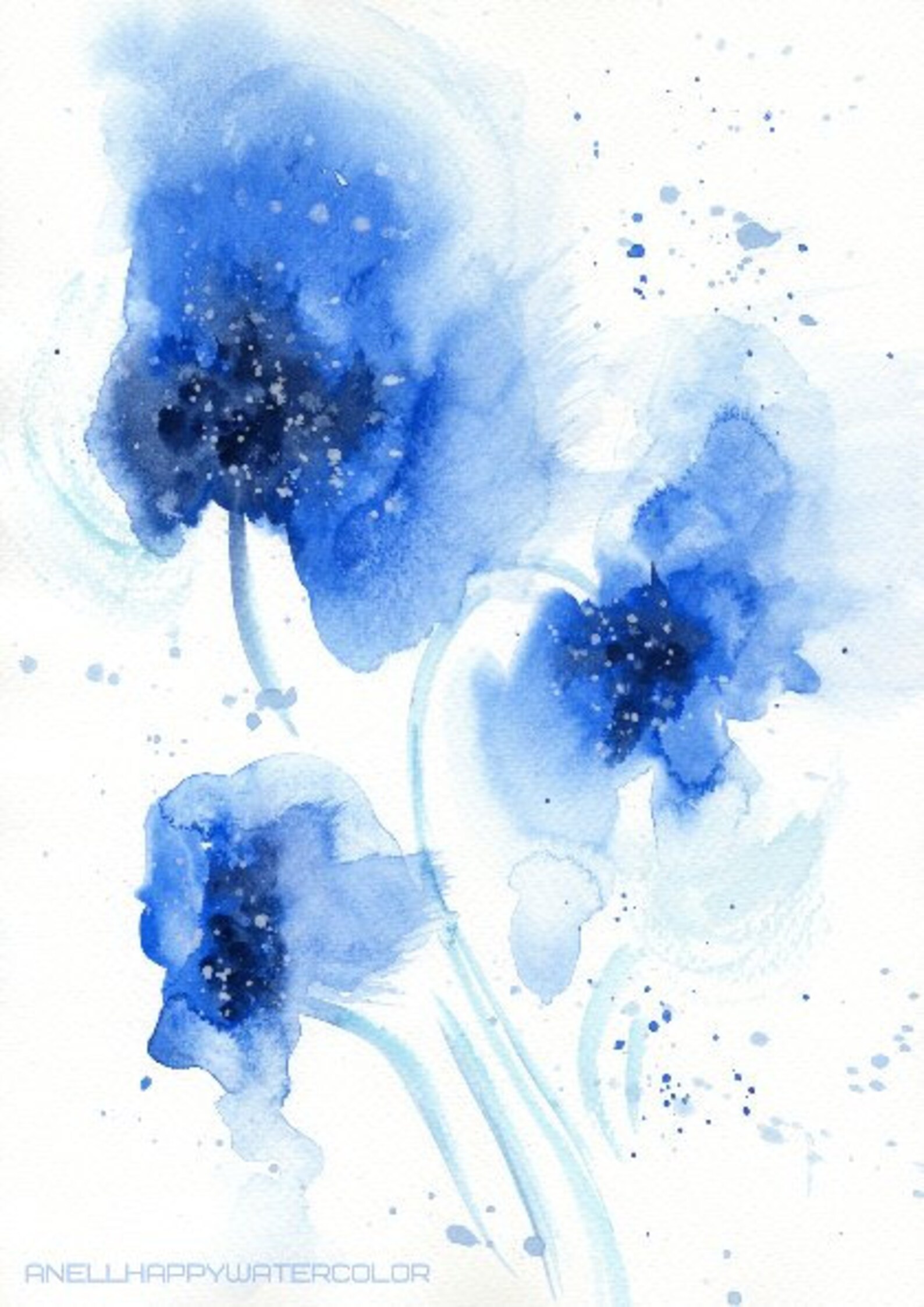 Blue Abstract Watercolor Flower Print Blue Watercolor Blue - Etsy