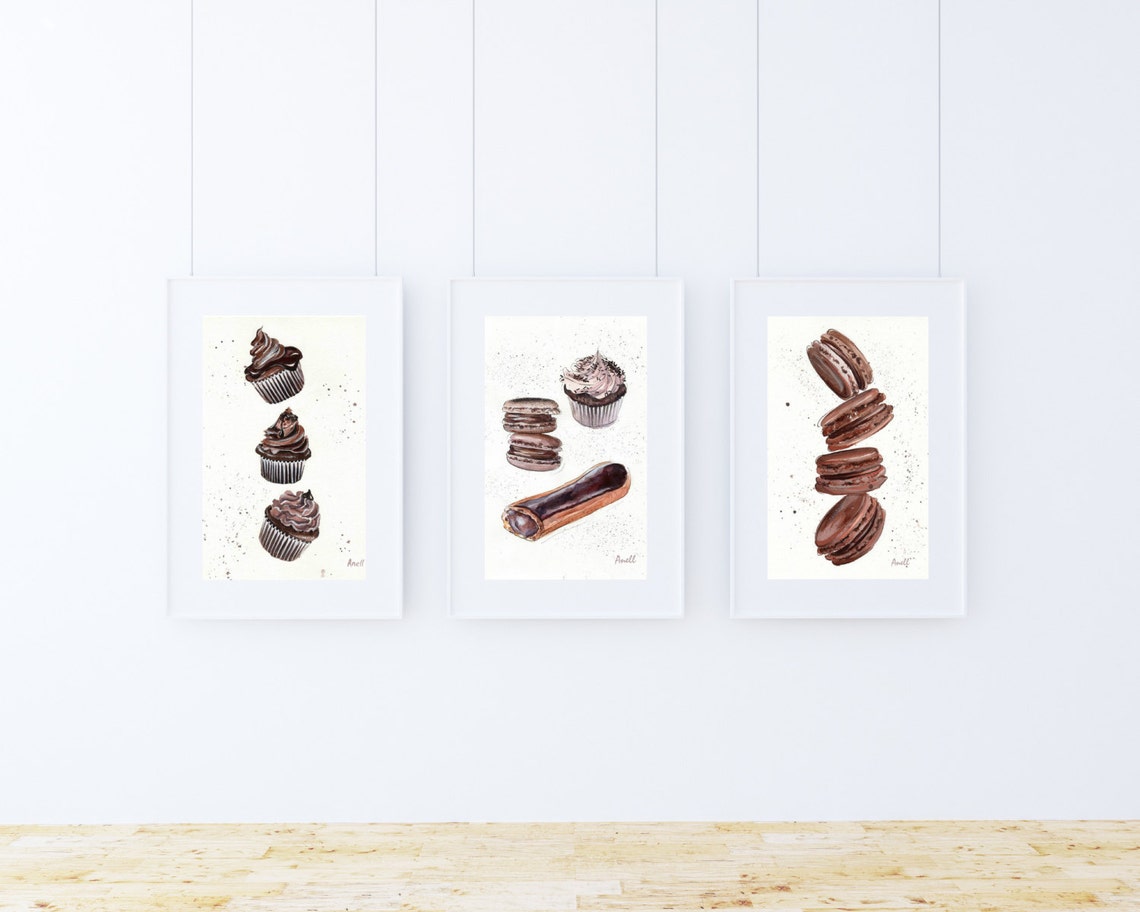 Set of 3 Chocolate Cupcakes Watercolor Print Painting - Etsy