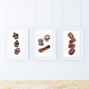 Set of 3 Chocolate Cupcakes Watercolor Print - Painting - Chocolate ...