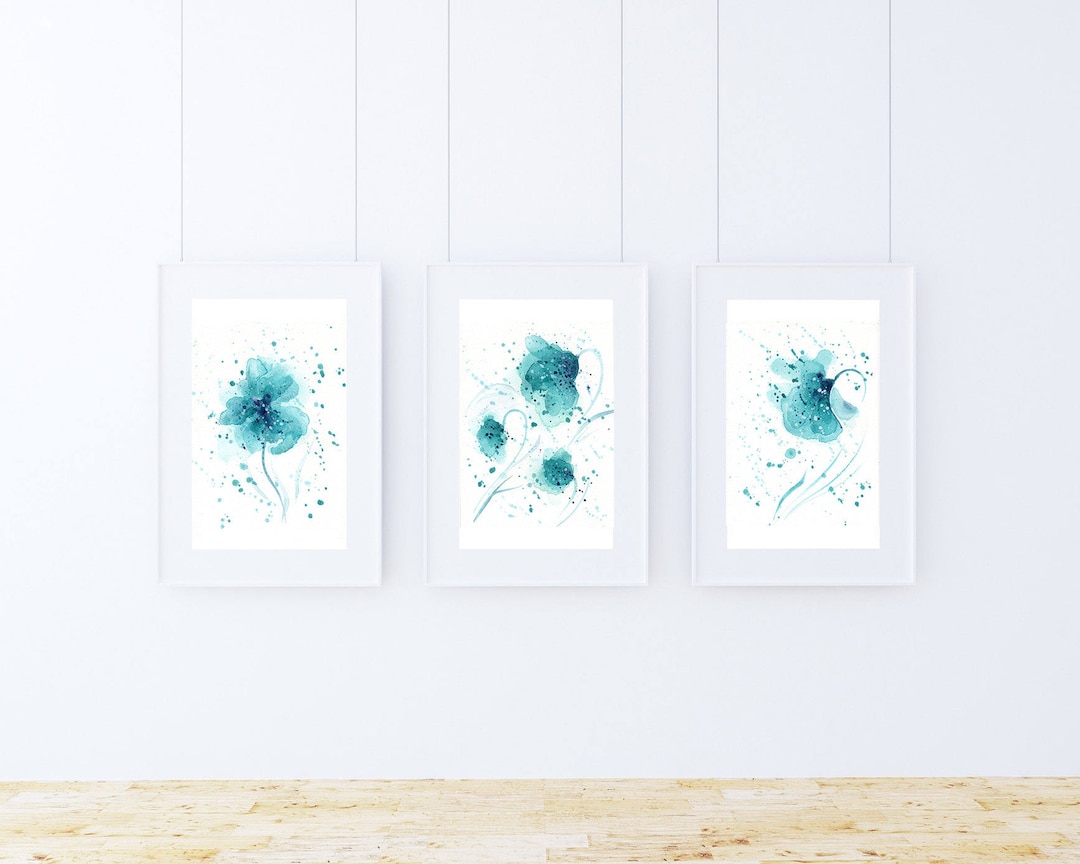 Set of 3 Turquoise Abstract Flower Art Print Turquoise Art Turquoise ...