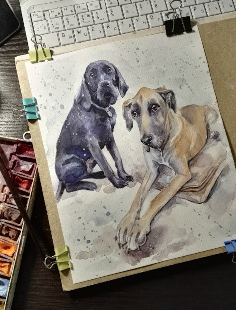 Original Hand portrait Custom two dogs portrait Double pet | Etsy
