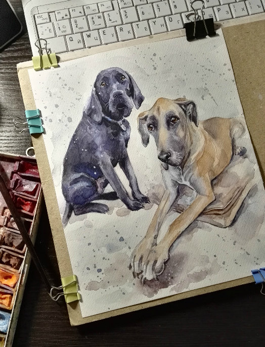 Original Hand Portrait Custom Two Dogs Portrait Double Pet - Etsy