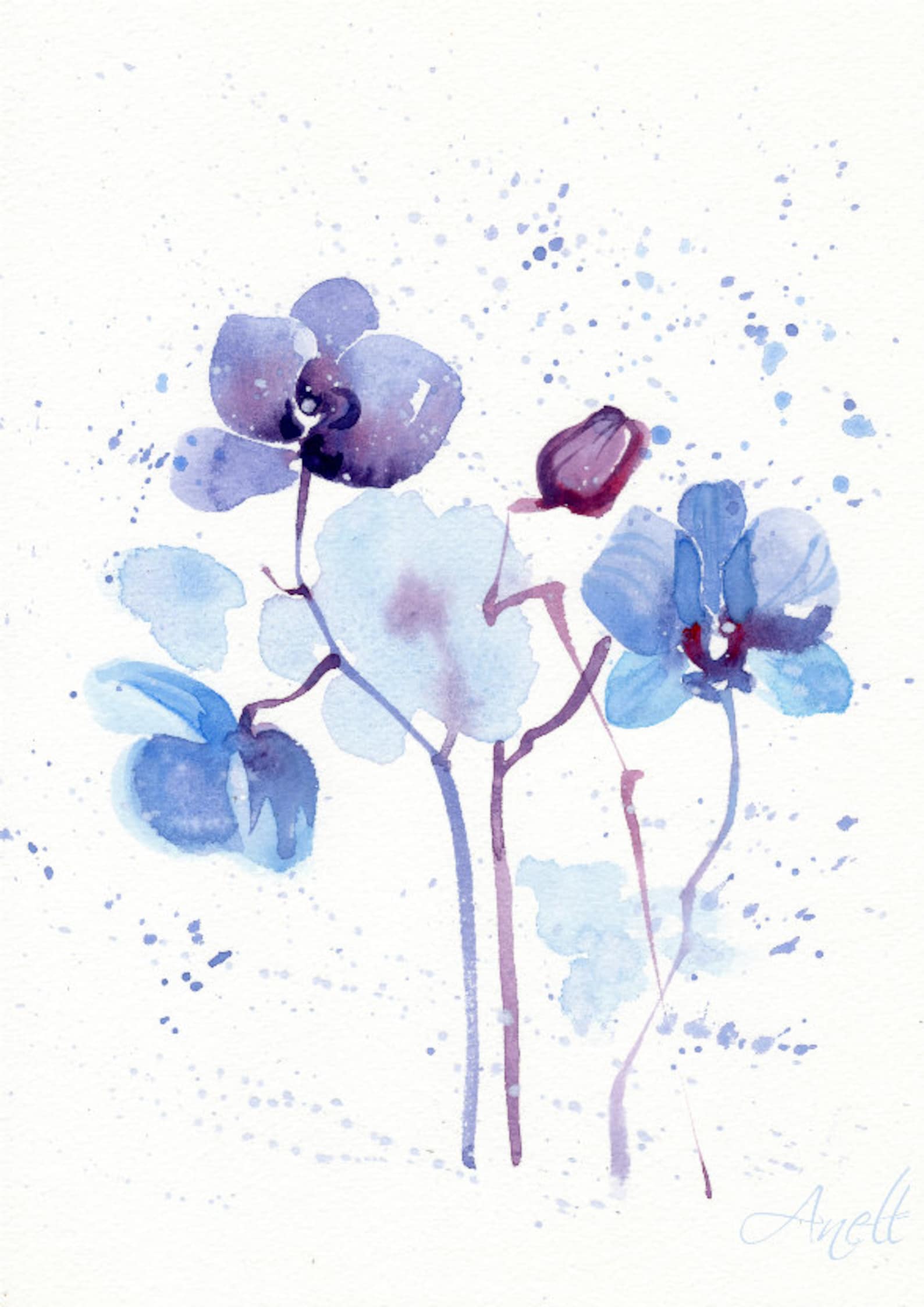 Blue Watercolor Flower Print Abstract Flower Orchid | Etsy