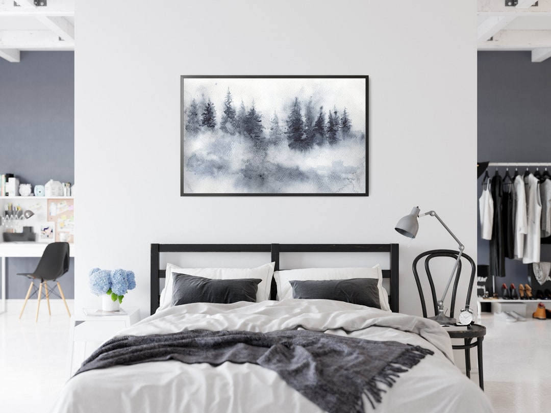 Abstract Forest Landscape Print: Blue Gray Pine Misty Tree Watercolor ...