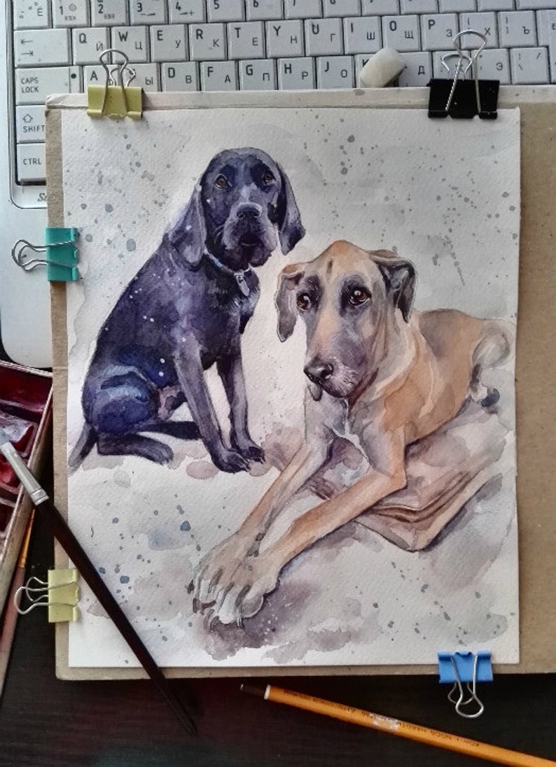 Original Hand portrait Custom two dogs portrait Double pet | Etsy