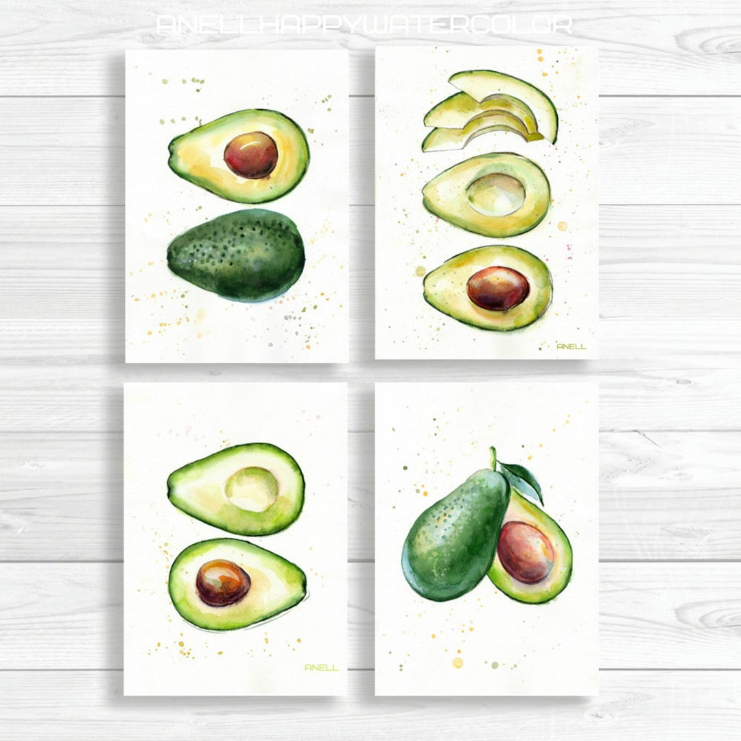 Set of 4 Avocado Watercolor Print - Painting - Illustration - Avocado ...