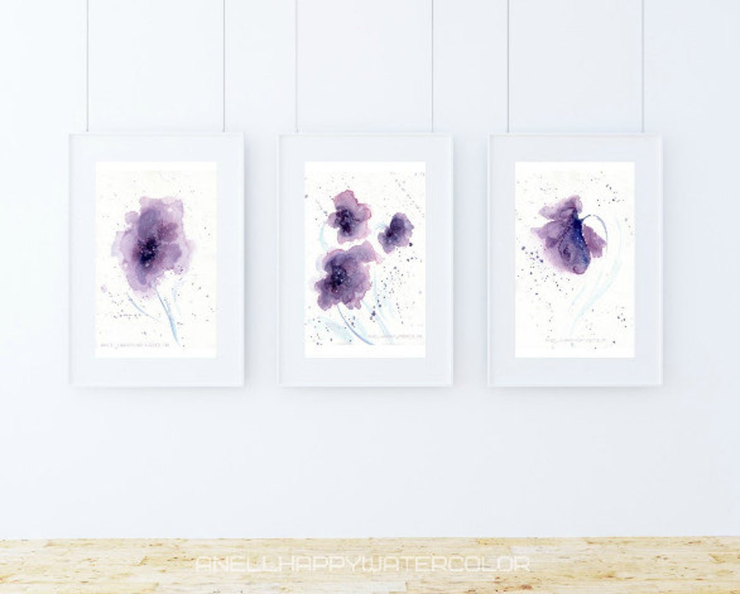 Purple Abstract Art Watercolor Print Set of 3 Purple Watercolor Flower ...