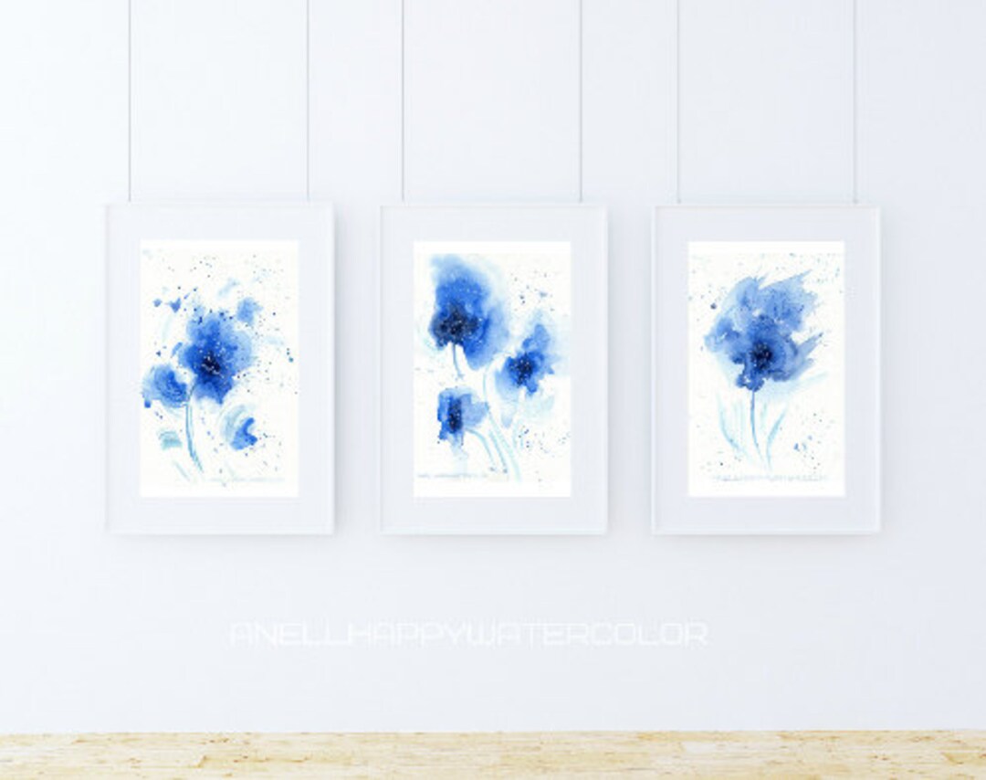 Set of 3 Blue Watercolor Flower Prints, Abstract Watercolor, Blue Print ...