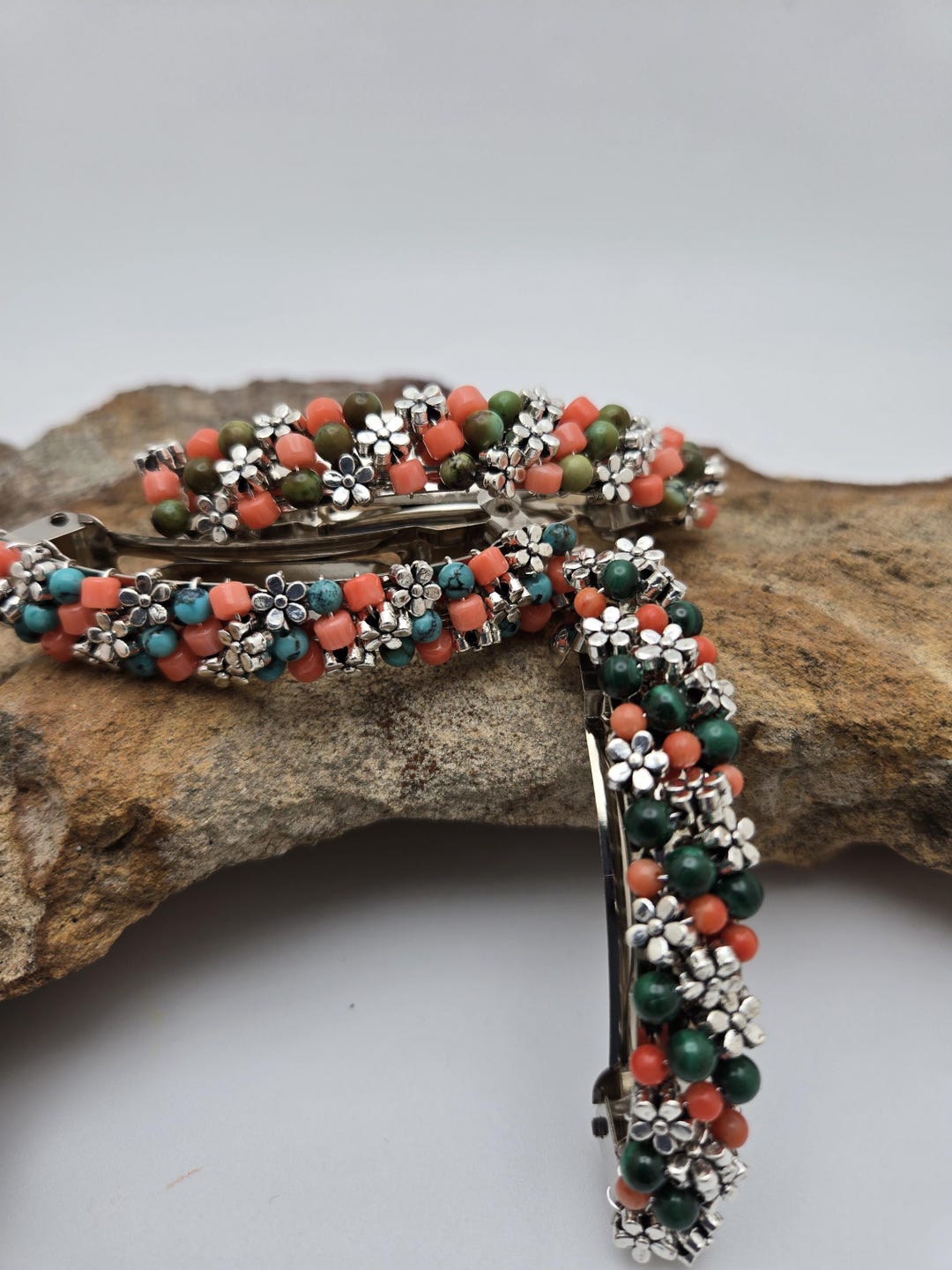 Italian Coral Barrette With Turquoise or Malachite: French Barrette ...