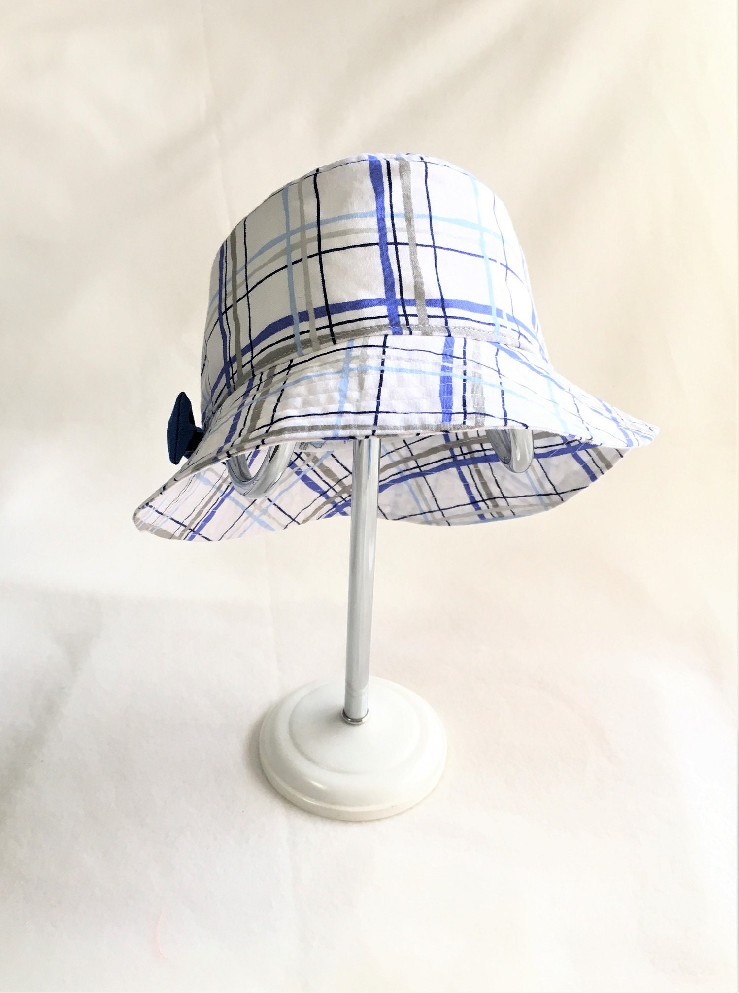 Blue Plaid Print Bucket Little Boy Baby Sun Cap, Blue Summer Bucket Hat ...