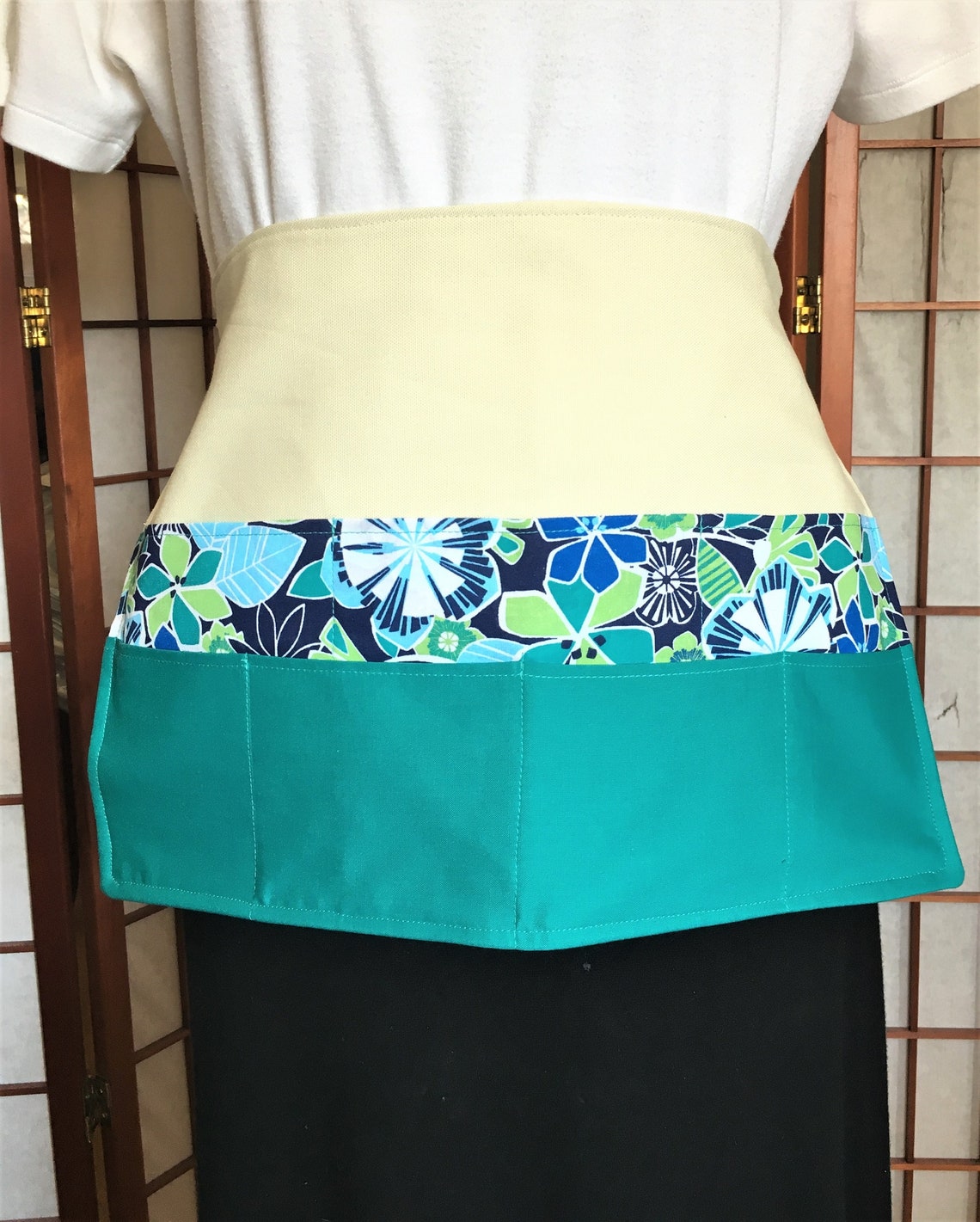 Turquoise Floral Craft Apron: Canvas Duck, 7 Large Pockets - Etsy