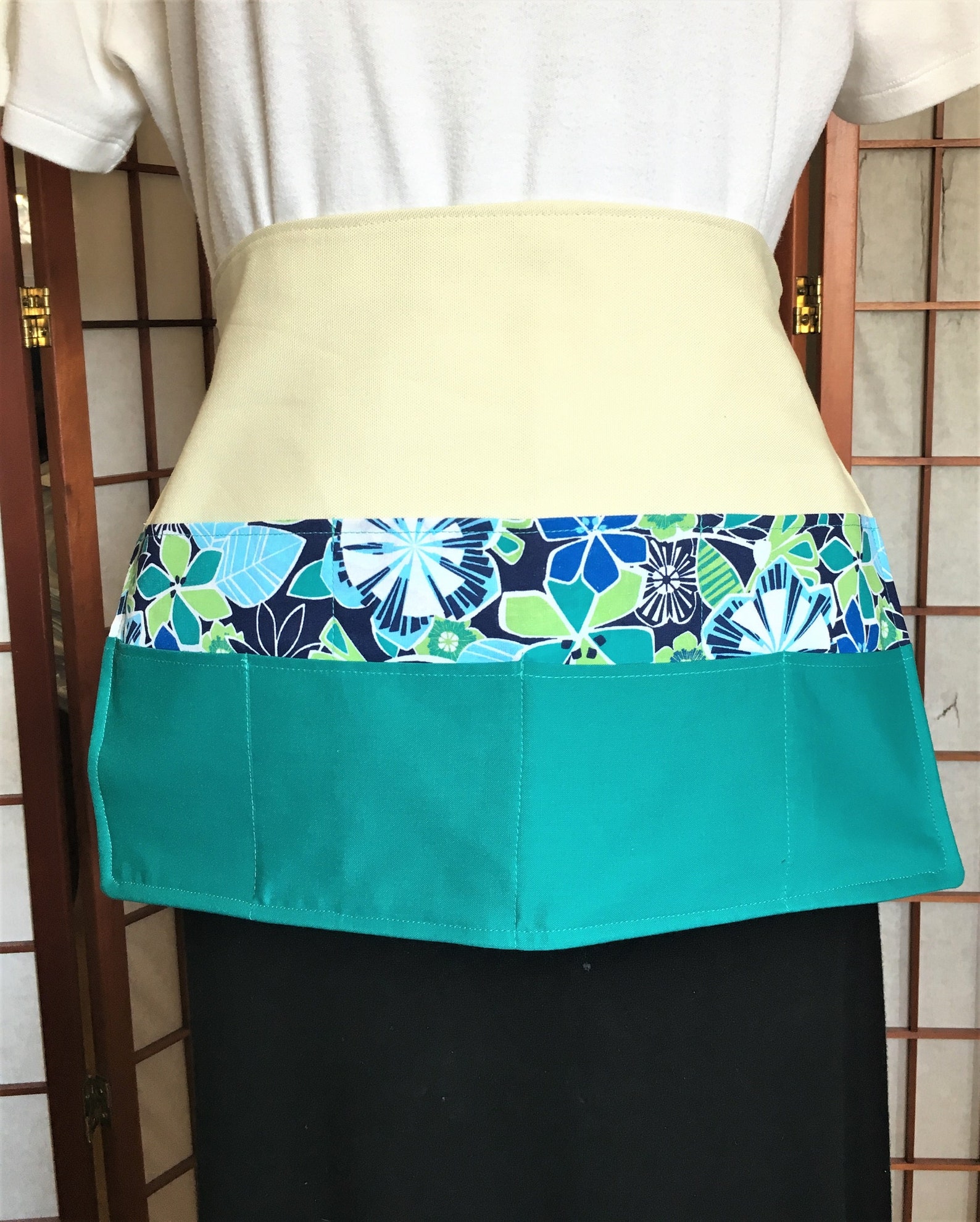 Turquoise Floral Craft Apron: Canvas Duck, 7 Large Pockets - Etsy