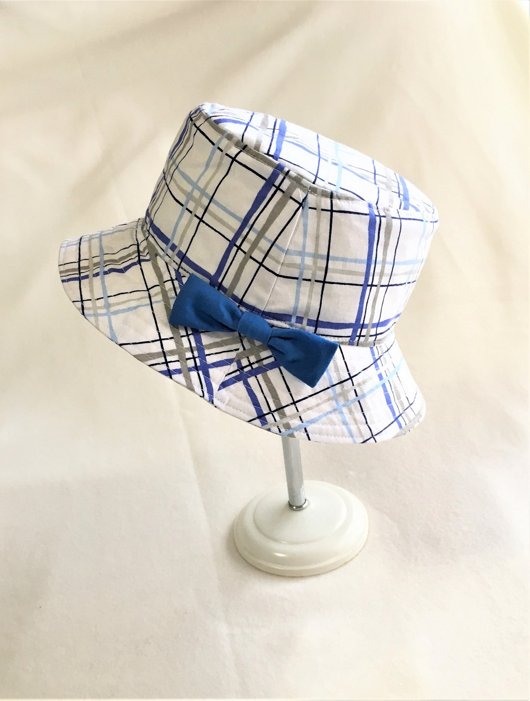 Blue Plaid Print Bucket Little Boy Baby Sun Cap, Blue Summer Bucket Hat ...