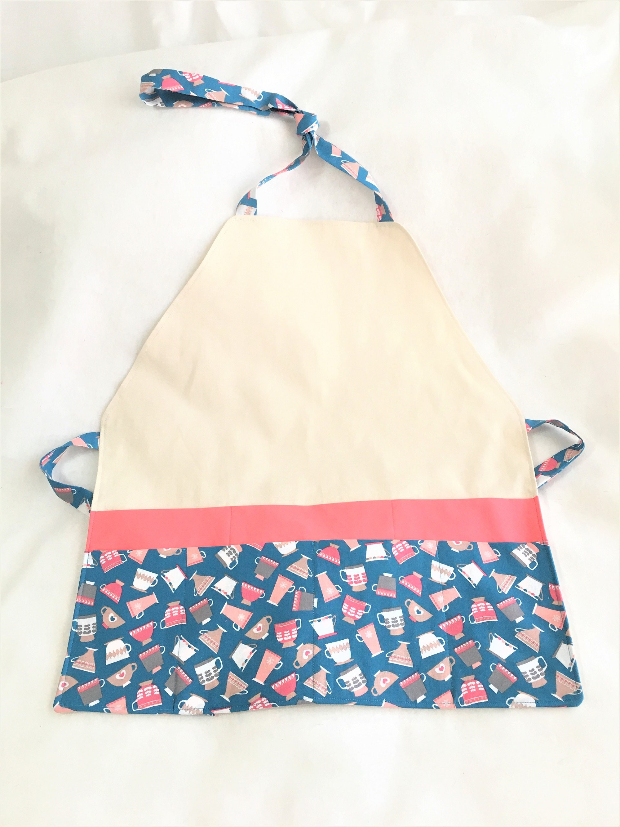 Tea Cup Print Canvas Apron: Teal & Pink Pocket Craft Apron - Etsy