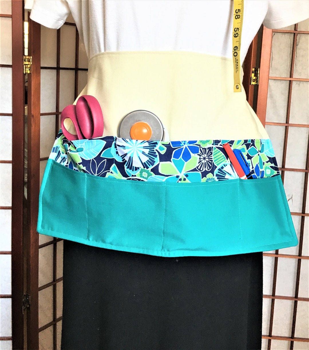 Turquoise Floral Craft Apron: Canvas Duck, 7 Large Pockets - Etsy