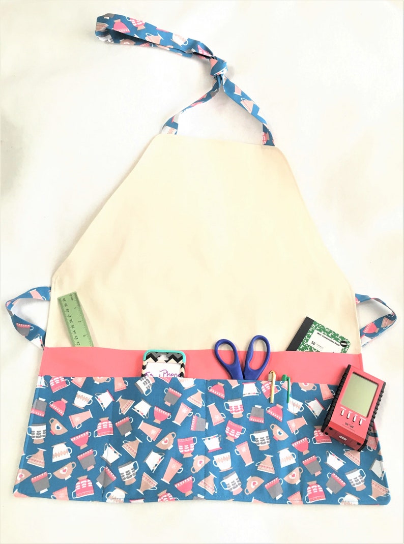 Tea Cup Print Canvas Apron: Teal & Pink Pocket Craft Apron - Etsy