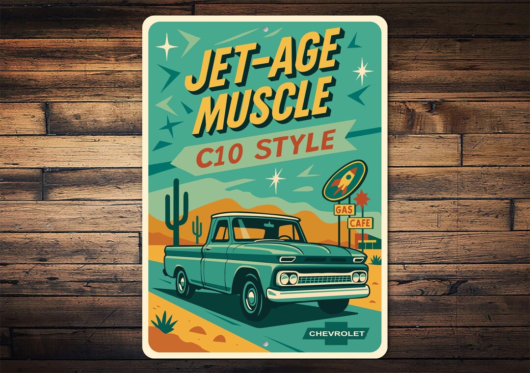 Vintage Chevy Truck Metal Sign, Jet-age Muscle C10 Style, Retro Garage ...