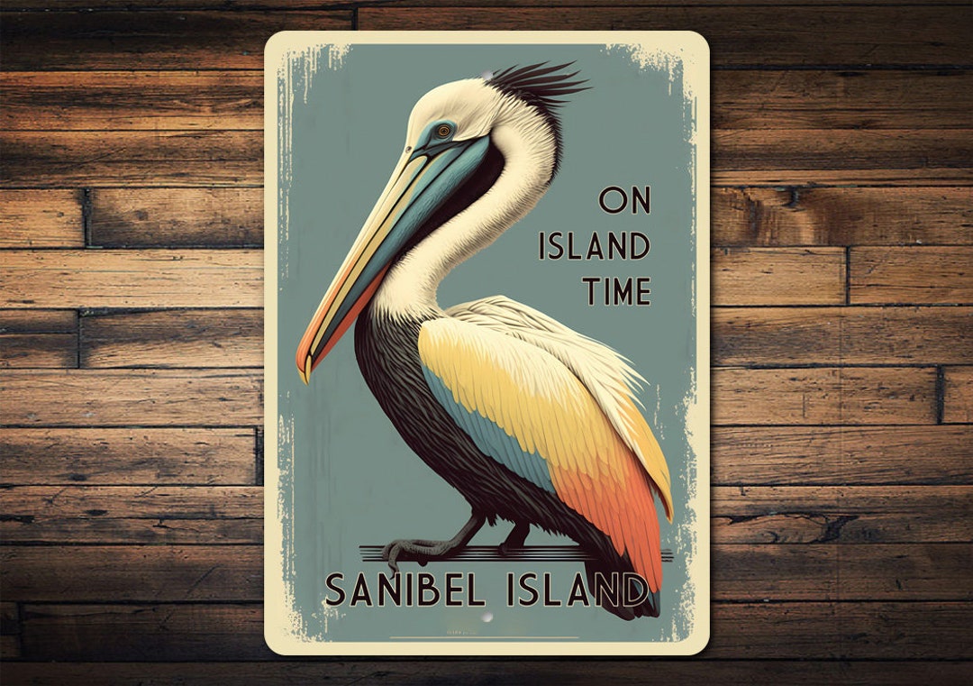 Retro Florida Pelican Sign, on Island Time, Sanibel Island Decor, Beach ...