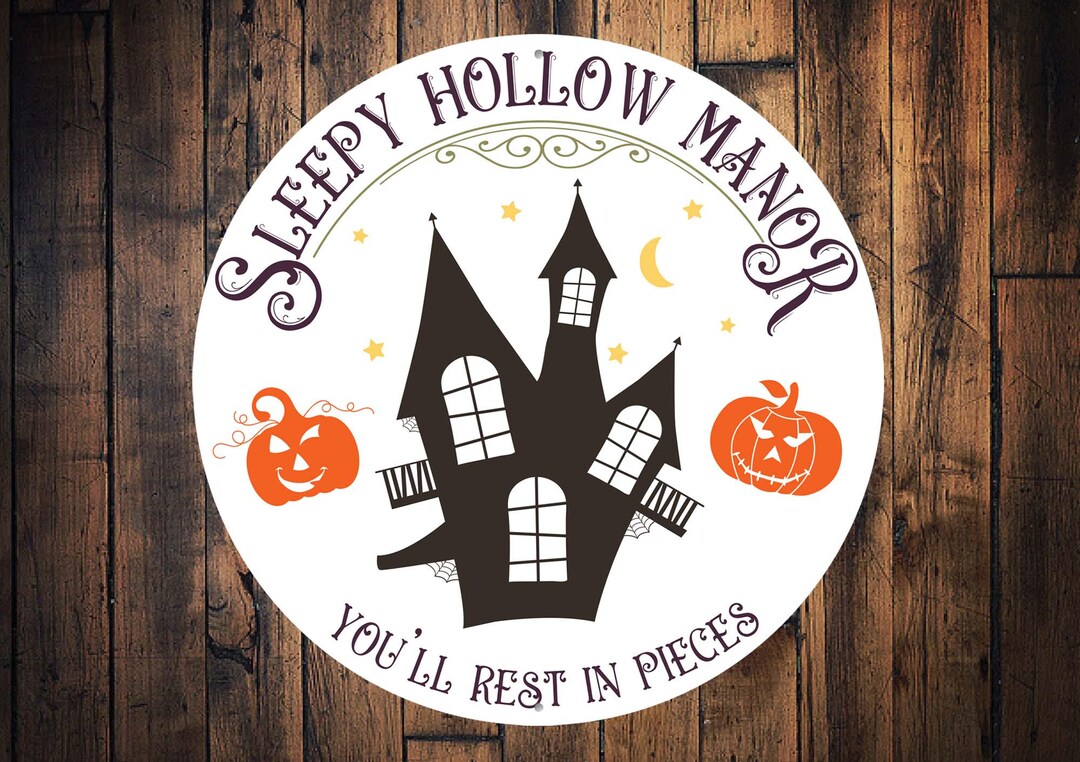 Sleepy Hollow Manor Round Metal Sign, Front Door Hanger, Wreath Signs ...