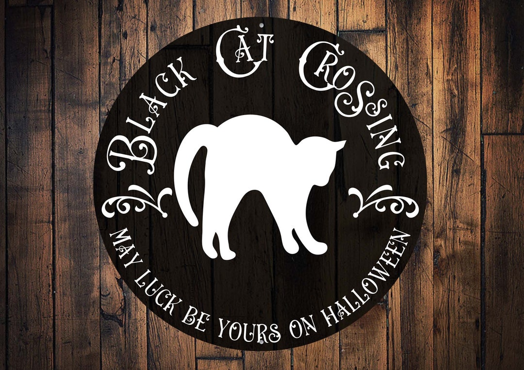 Black Cat Crossing Sign, Halloween Metal Sign, Vintage Halloween Round ...