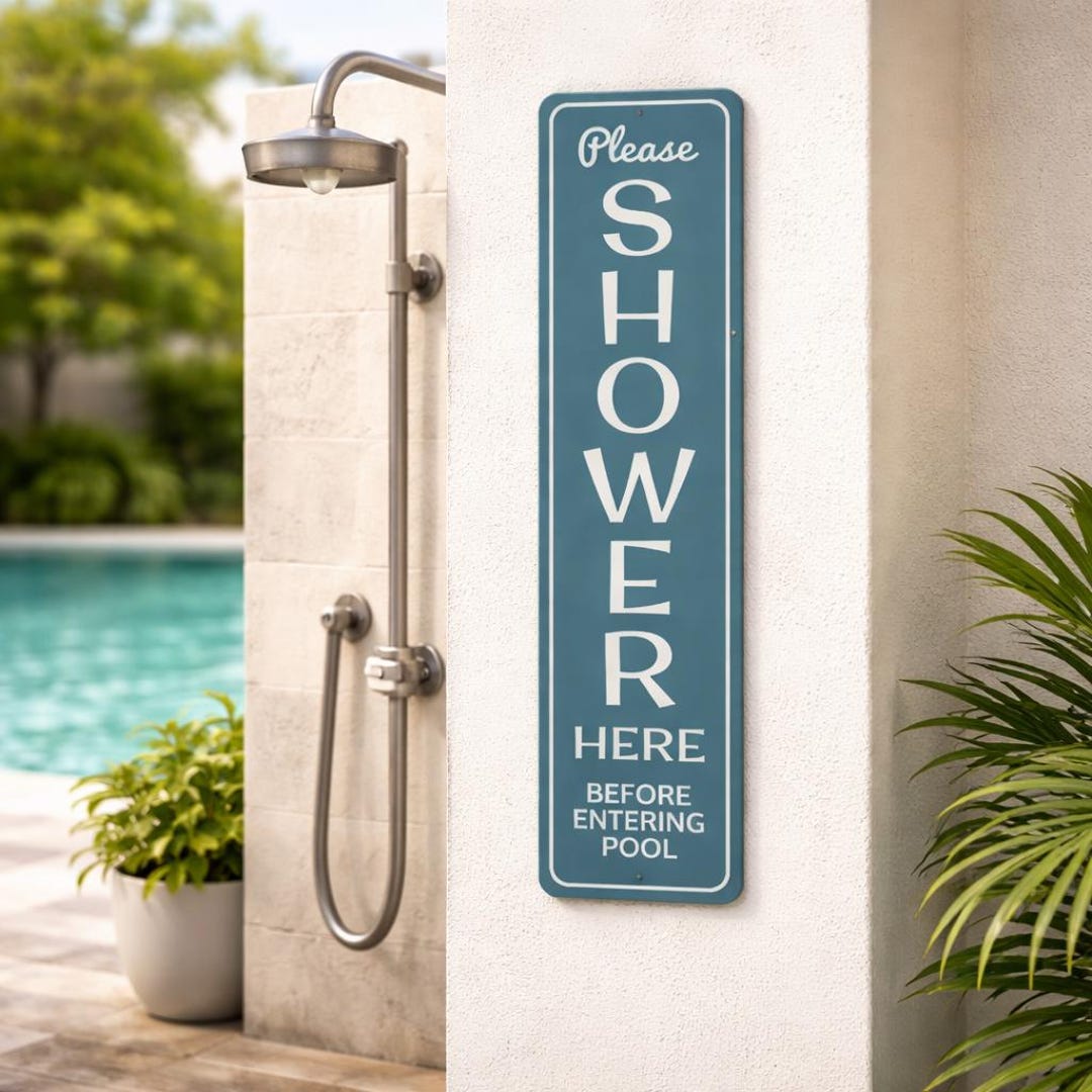 Please Shower Here Metal Sign – Pool Rules Wall Decor, Outdoor Poolside ...