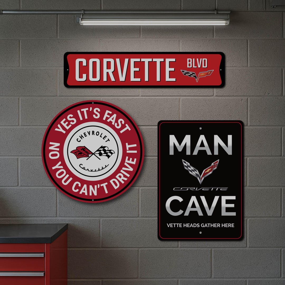 Corvette Metal Sign Set – 3-piece Wall Art Bundle – Man Cave, Garage ...