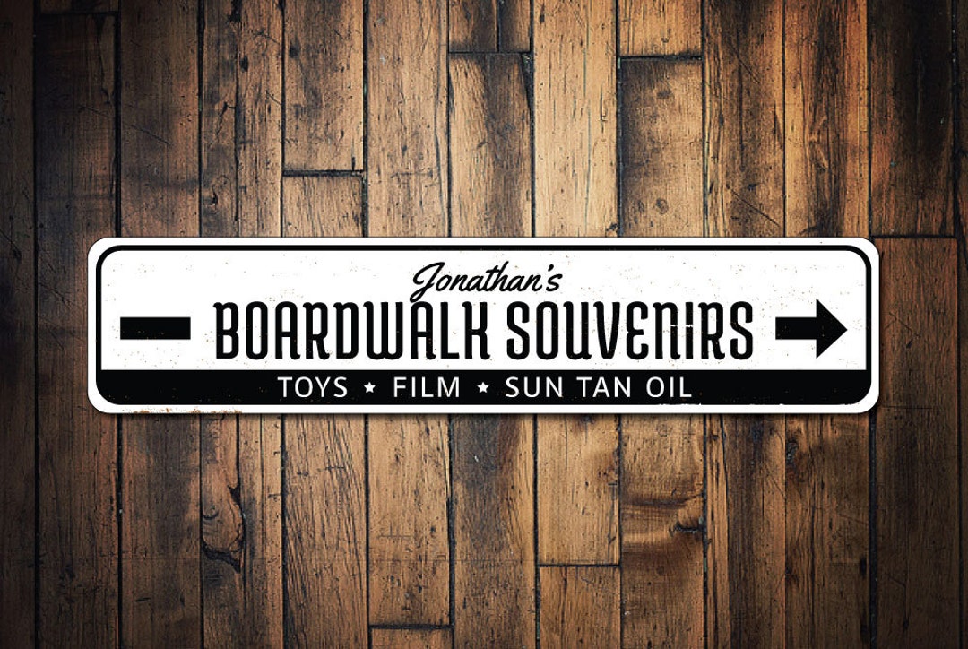 Boardwalk Souvenirs Sign, Personalized Toys Film Sun Tan Oil Arrow Sign ...