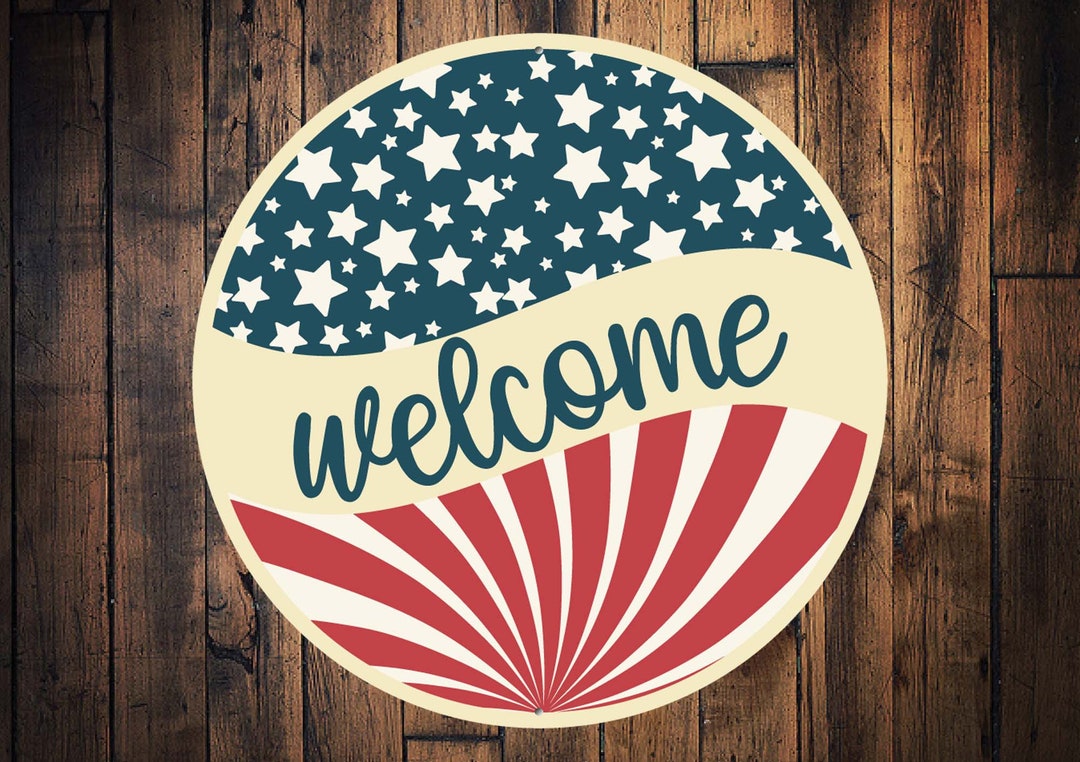 Welcome Patriotic Sign, Front Door Patriotic Wreath, 4th of July Sign ...