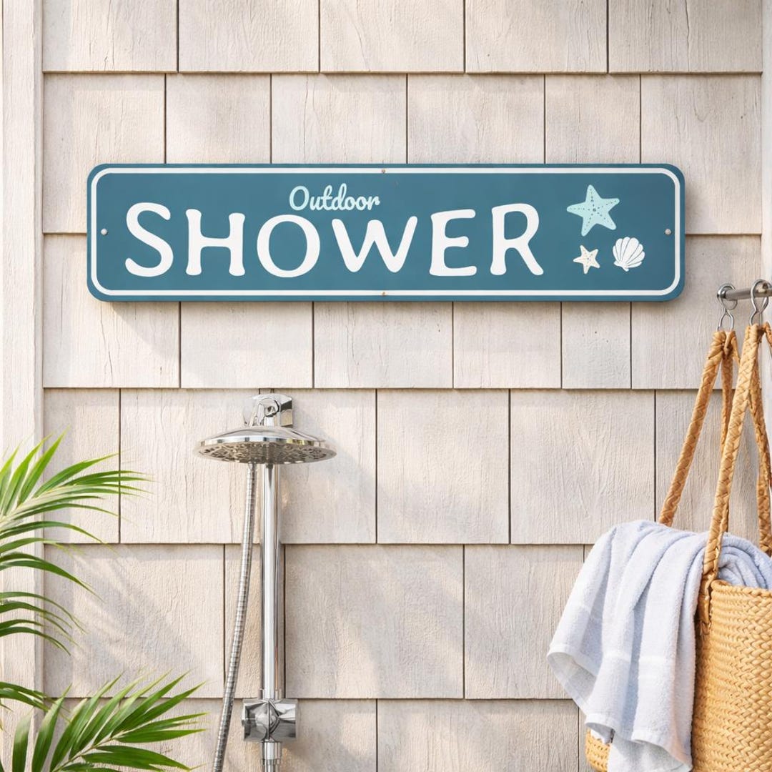 Outdoor Shower Metal Sign – Beach House Shower Sign, Coastal Bathroom ...