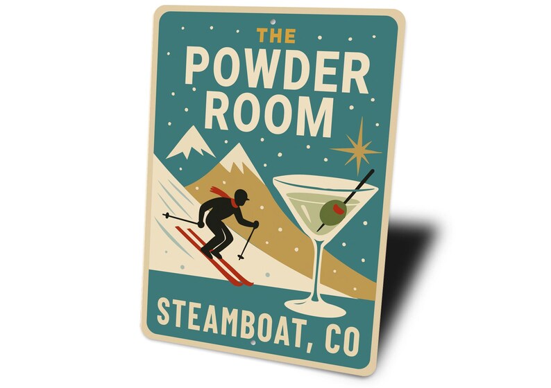 The Powder Room Metal Sign, Custom Ski Location Sign, Retro Ski Lodge ...