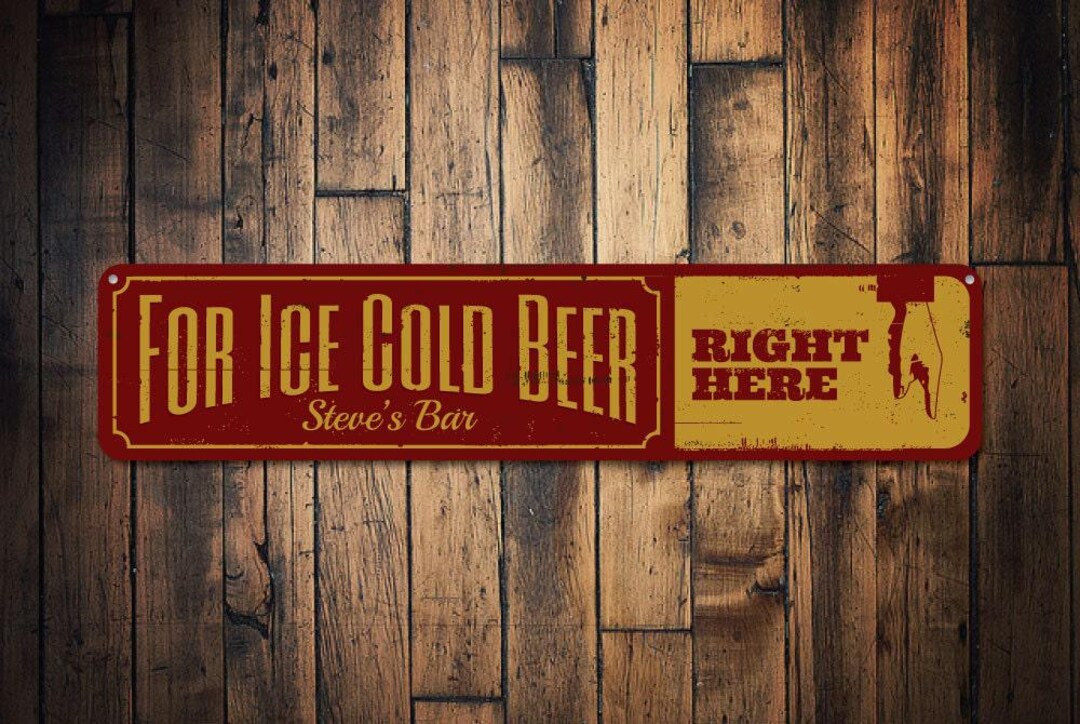 Beer Sign, Personalized Ice Cold Beer Right Here Hand Sign, Custom Bar ...
