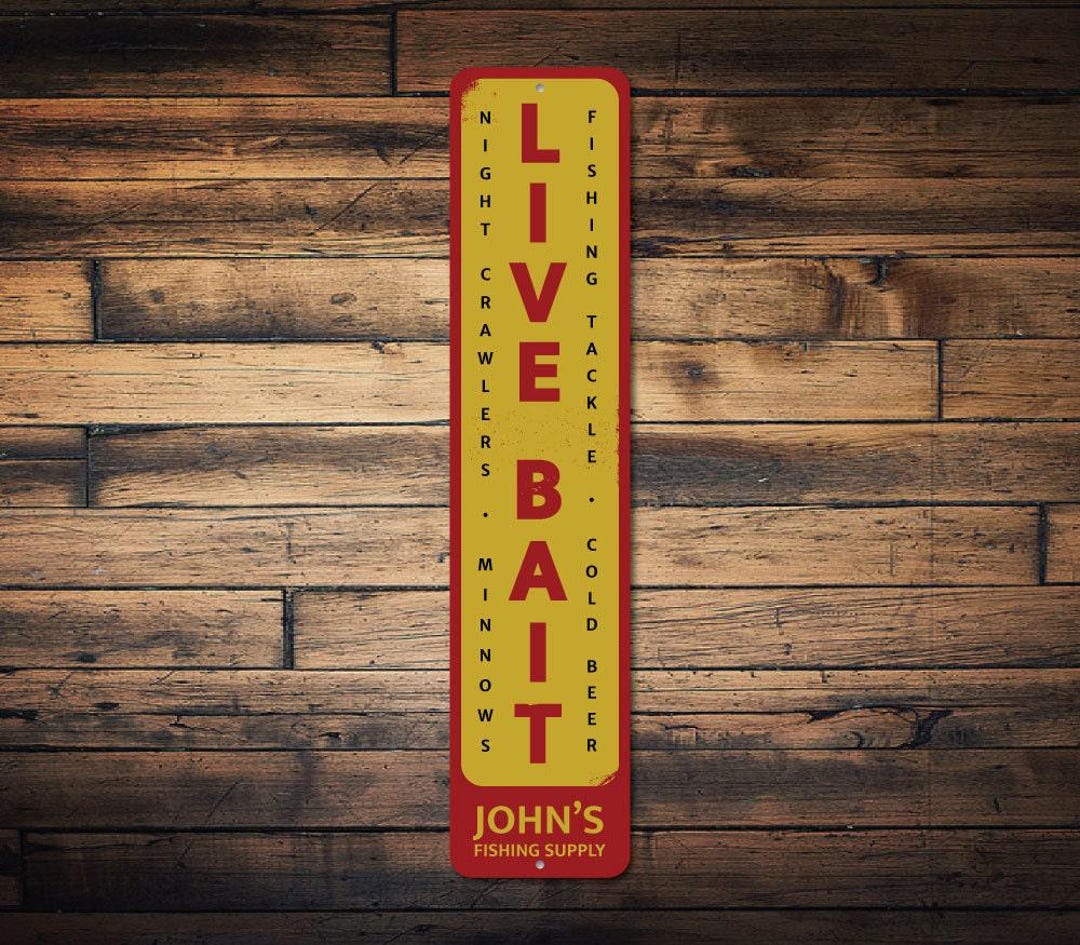 Live Bait Sign, Personalized Vertical Fishing Supply Sign, Custom Owner ...