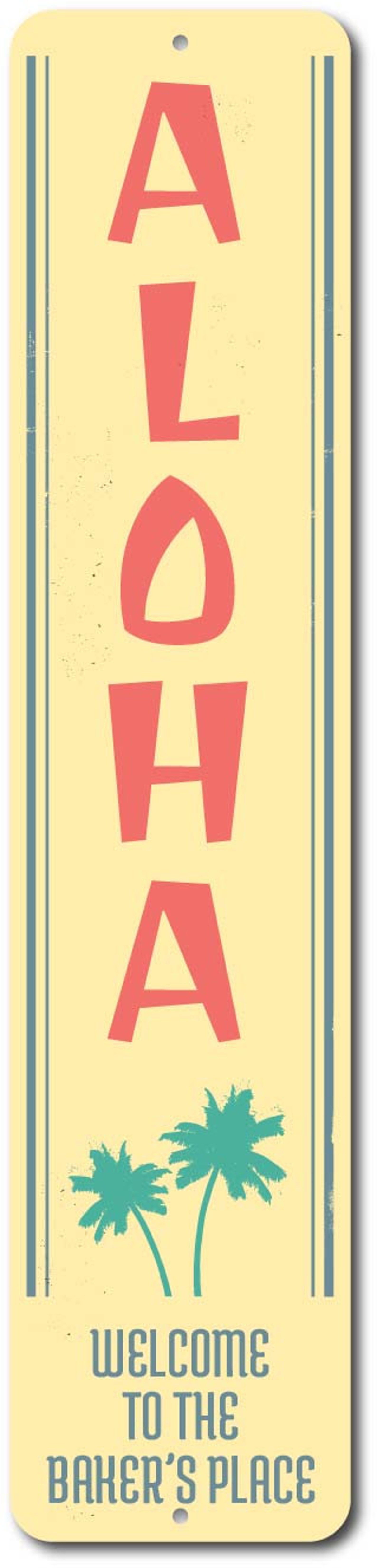 Aloha Palm Trees Vertical Sign, Custom Family Name Welcome Place Ocean ...