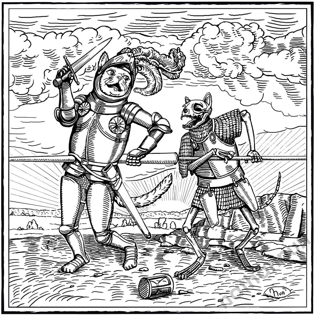 Death of Knight Cat Medieval Cat Woodcut Print - Etsy