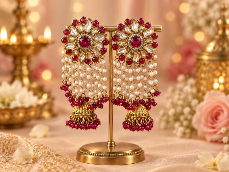 Gold Tone Floral Jhumka Earrings, Ruby Pink Stones, Pearl Cascades ...